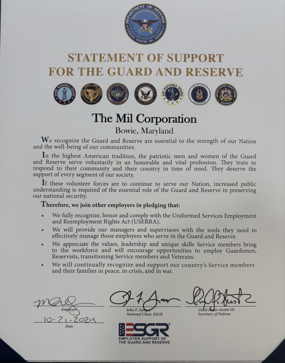 MIL Commits to the Employer Support of the Guard and Reserve (ESGR ...