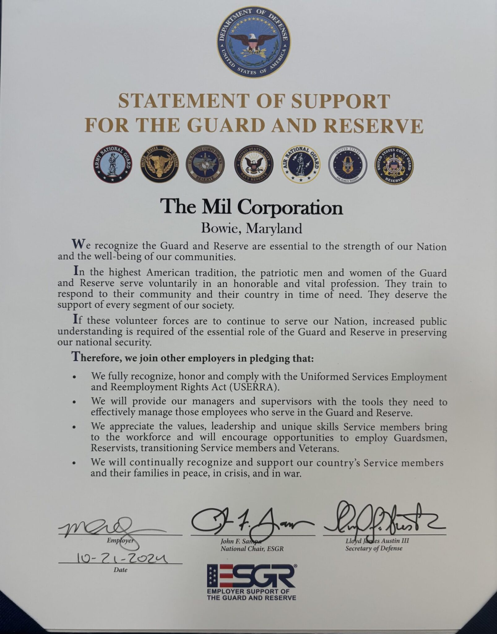 MIL Commits to the Employer Support of the Guard and Reserve (ESGR ...